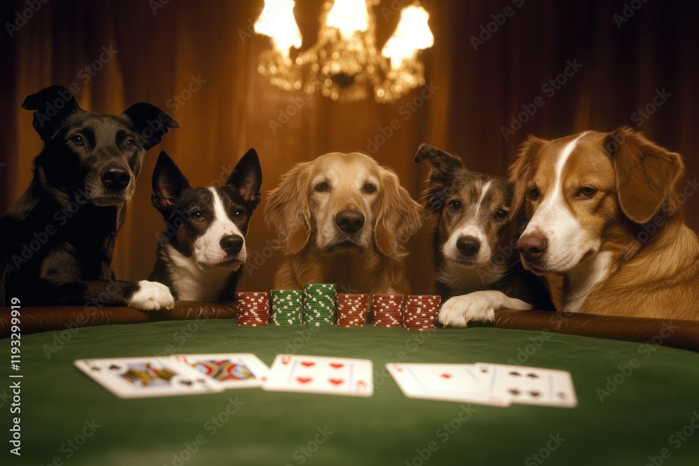 Dogs playing poker around green felt table in classic scene with cards ...