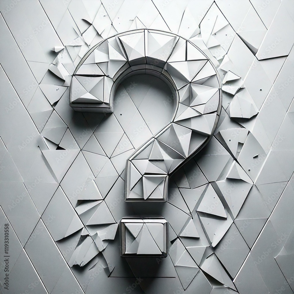 Big 3D black and white question mark icon shattered into pieces of it ...
