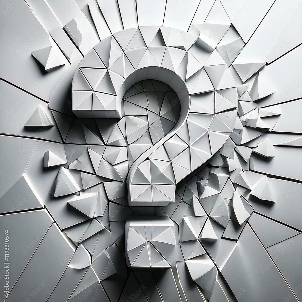 Big 3D black and white question mark icon shattered into pieces of it ...