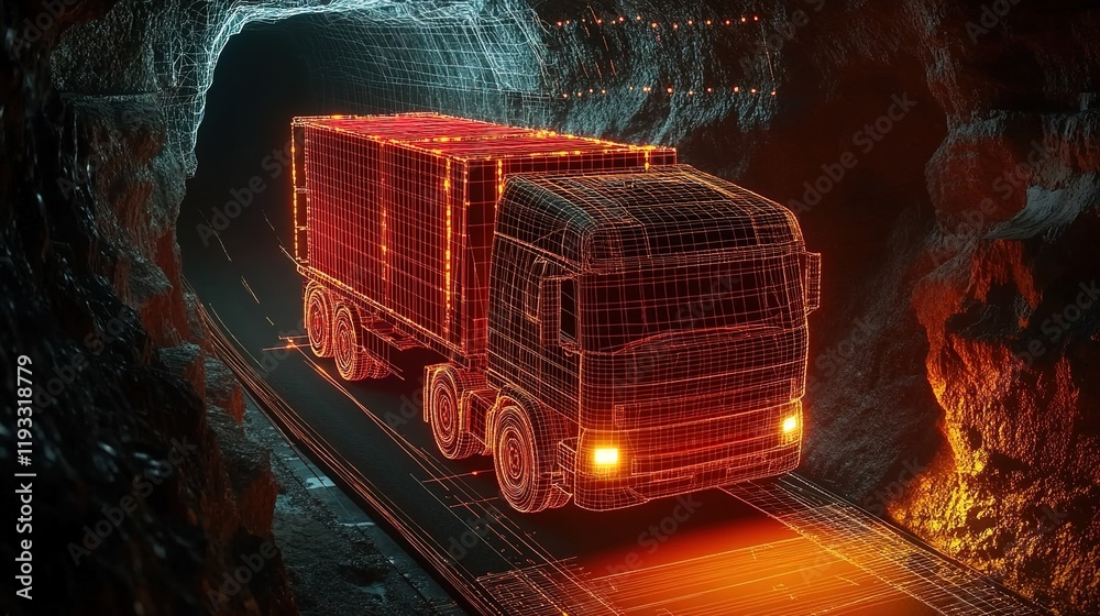 A truck in the mine, a glowing wireframe hologram render in red and ...