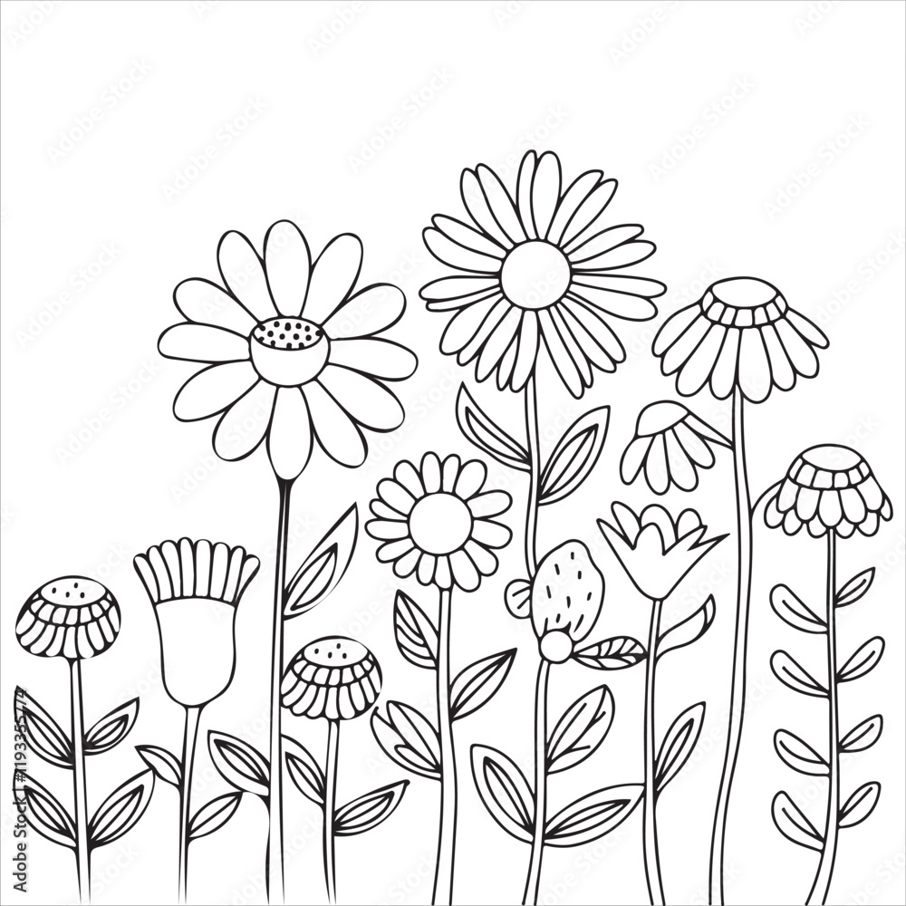 Wild Flower Outline Drawing Coloring Page for Kids and Adults Stock ...