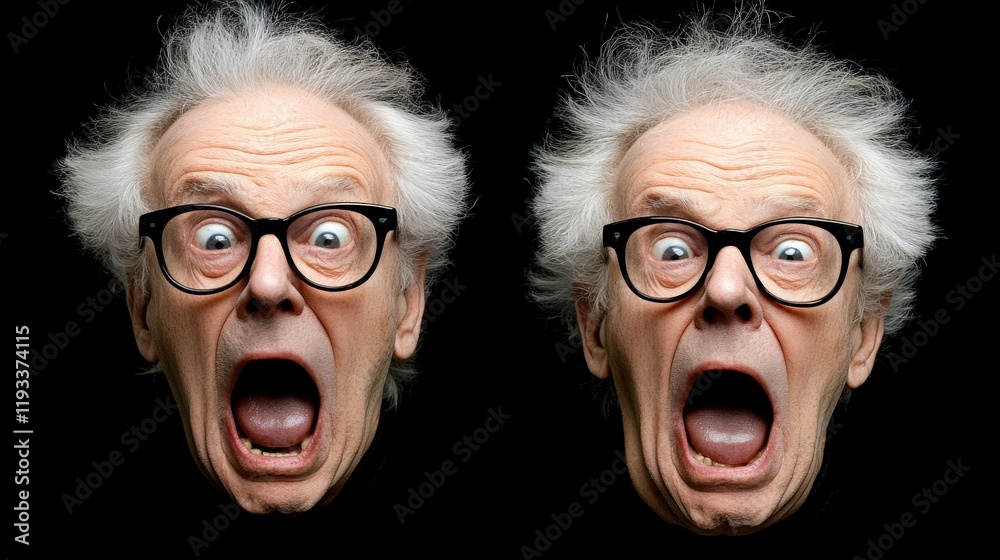Double Take: Two identical portraits of a shocked elderly man with wide ...