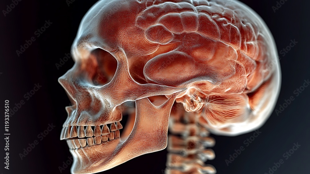 3D rendering of the human skull, showing detailed bone structure and ...