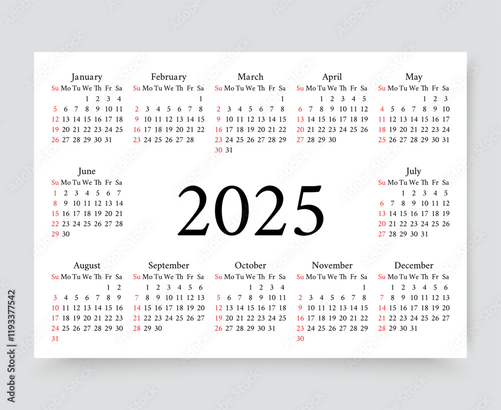 Calendar 2025 year. Yearly calender layout. Pocket organizer with 12 ...