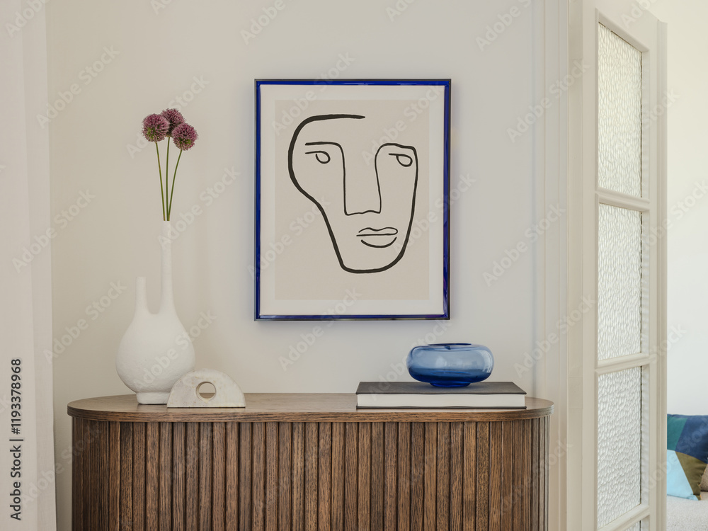 A minimalist vignette featuring a sleek wooden console with vertical ...