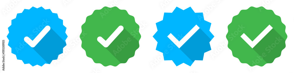 Verified badge icons set in blue and green color. Approved tick buttons ...