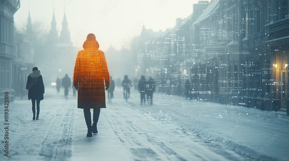 A city in the metaverse, with holographic avatars walking alongside ...
