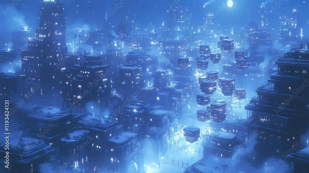 A futuristic city under the blue hour sky, with floating, levitating ...