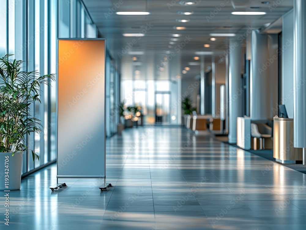 A mockup featuring a roll-up standee banner in an office hall ...