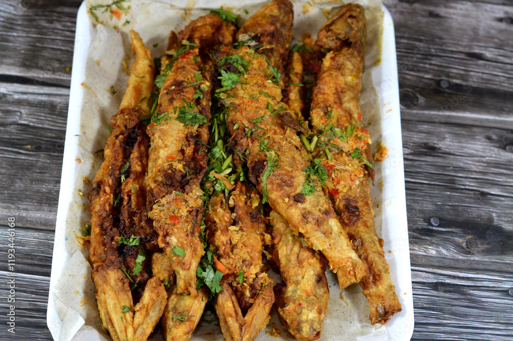 Fried Saurida undosquamis, the brushtooth lizardfish, large-scale ...
