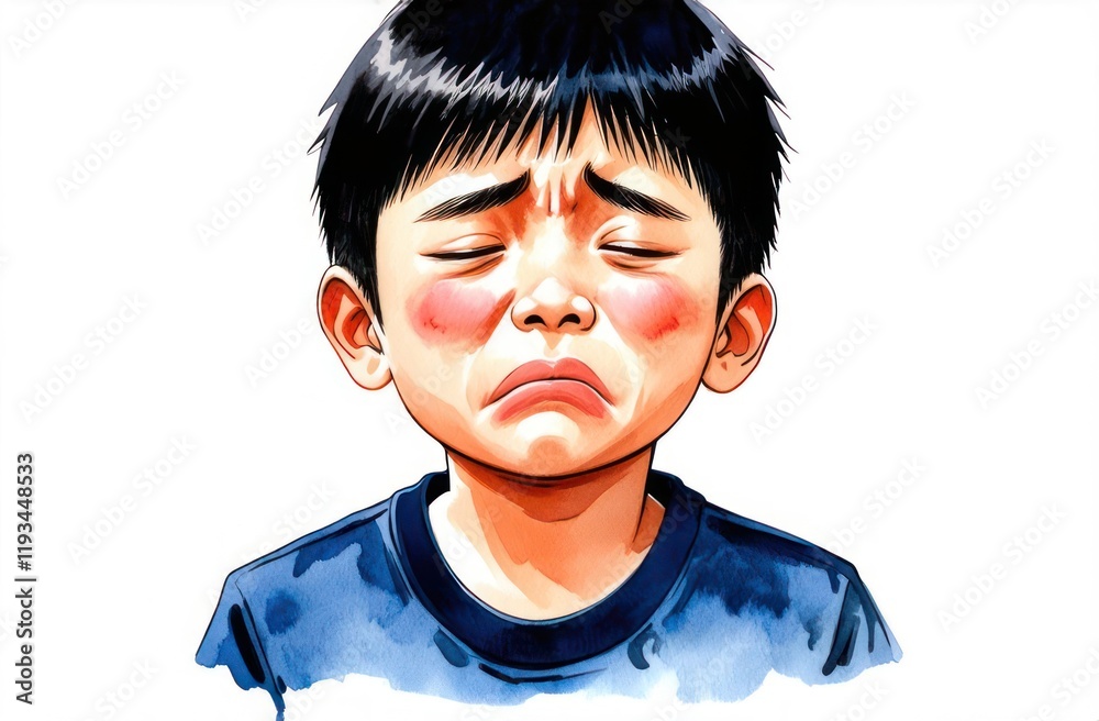 illustrated sad asian child with flushed cheeks and pouted lips on ...