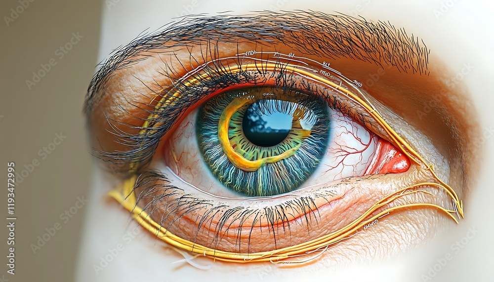 Anatomical diagram of the human eye with labeled regions such as retina ...
