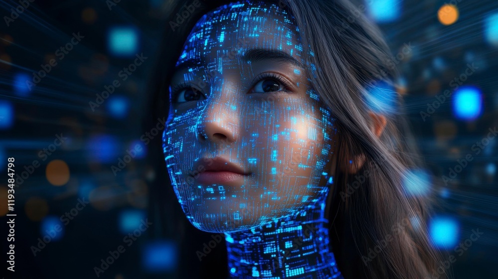 A high-tech visualization of machine learning with a human face composed of circuit boards and ...