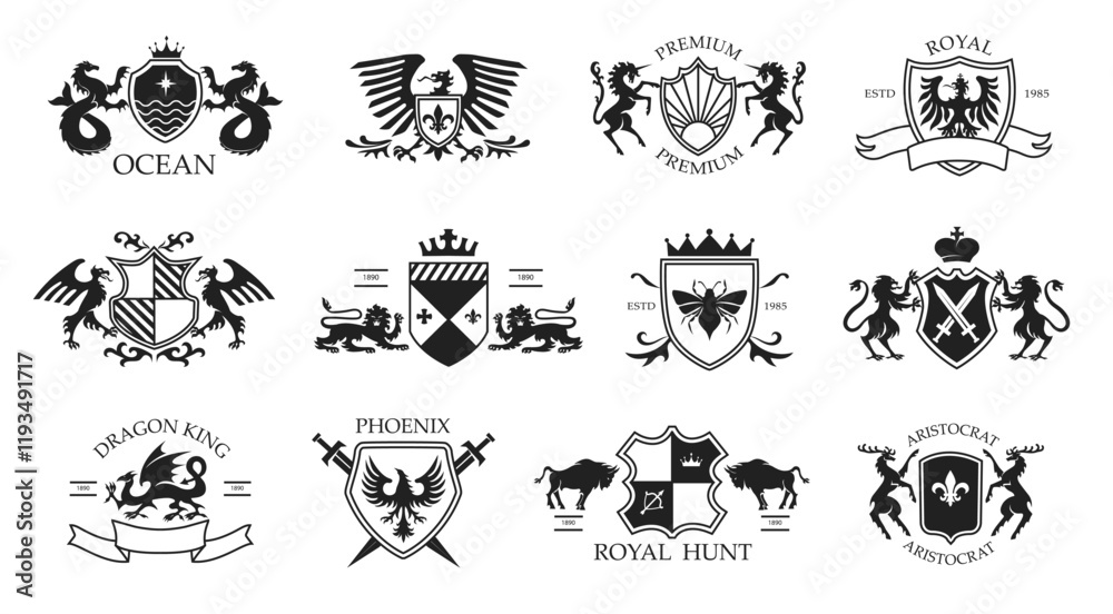Heraldic animal emblem templates. Elegant coat of arms, noble crest ...