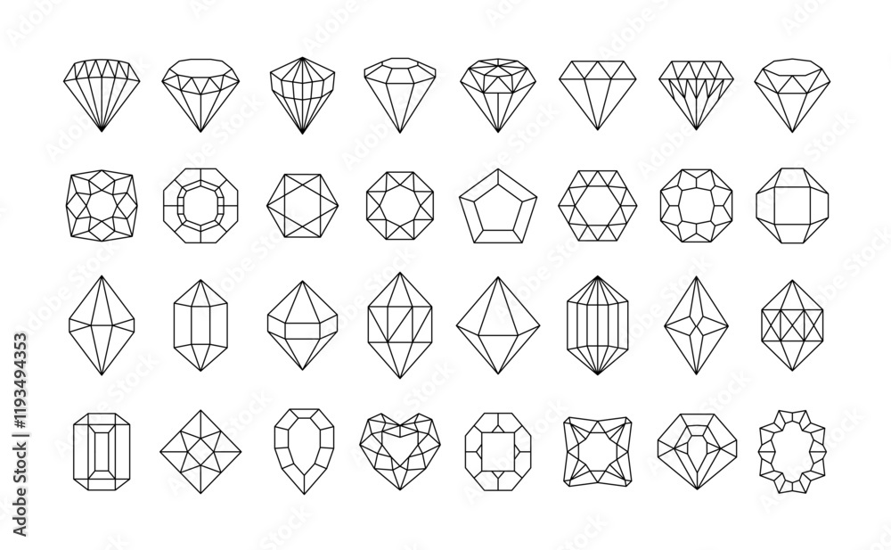 Linear diamond icons. Crystal gems, luxury gemstones and jewels ...