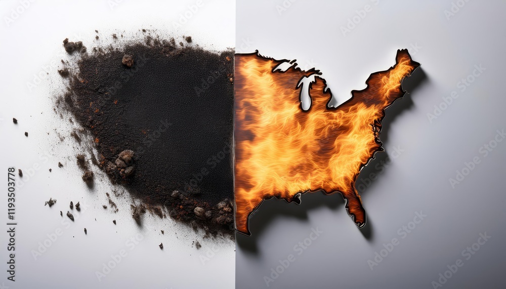 America Burning and Ash - A map of the US, half engulfed in flames ...