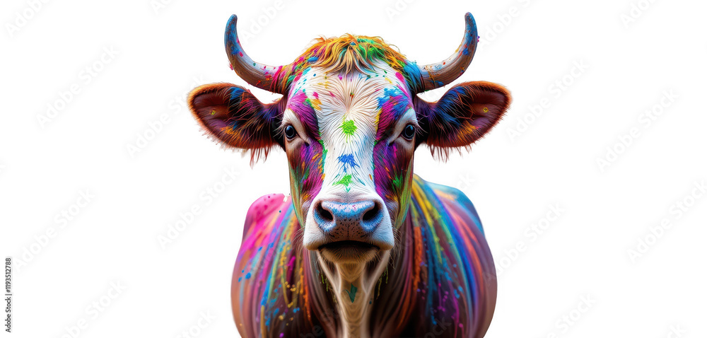"A cow surrounded by splashes of Holi powder in playful stripes, with ...