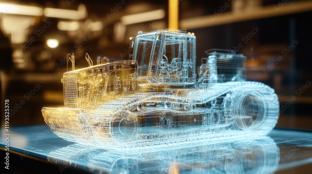 Excavator hologram. A holographic projection of the tractor. Flickering ...
