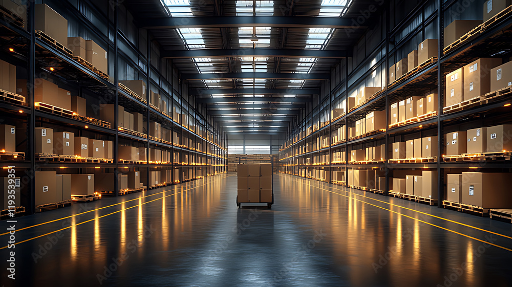 Large warehouse interior with many cardboard boxes on shelves and a ...