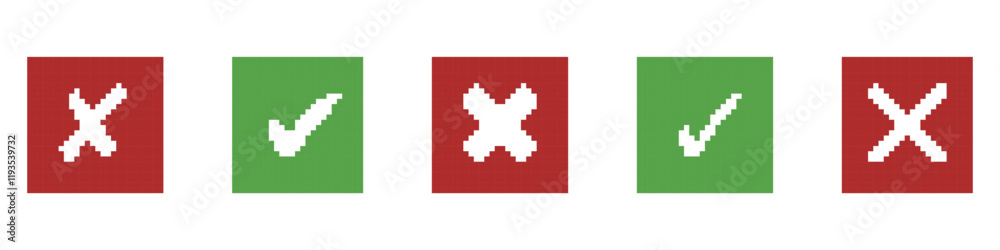 Pixelated Green Check Marks and Red X icons Set in Squares. Approval ...