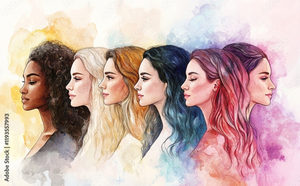 Artistic watercolor depictions of women celebrating diversity, bordered ...