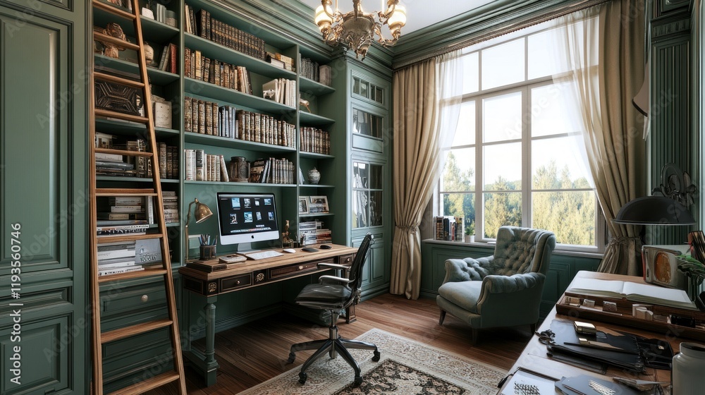 Elegant home library with built-in bookshelves, desk, and armchair. Stock Illustration | Adobe Stock