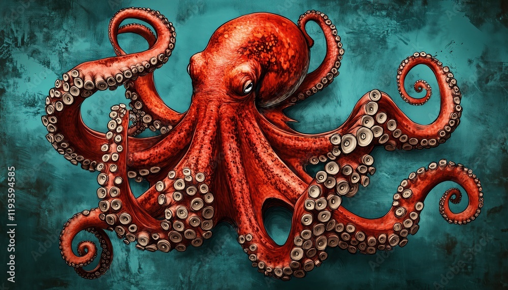 Vintage Engraving Of Red Ed Kraken: A Detailed Hand-Drawn Sketch Of An ...