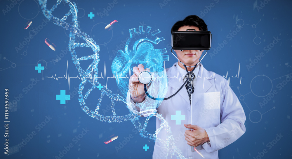 Smart doctor wearing VR goggle and holding human organ hologram ...