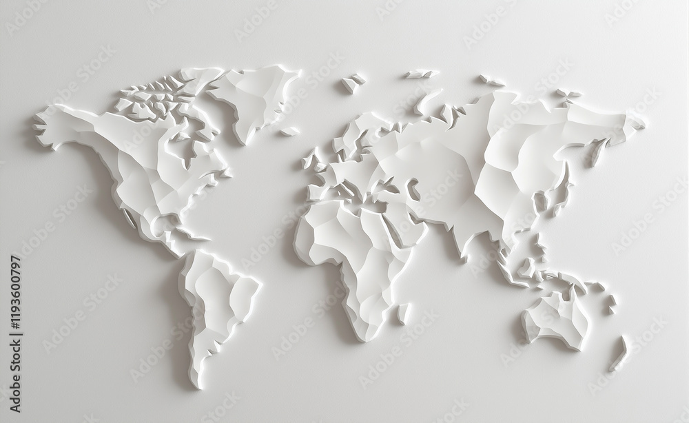 Minimalistic white 3D map of the world on a plain surface, highlighting ...