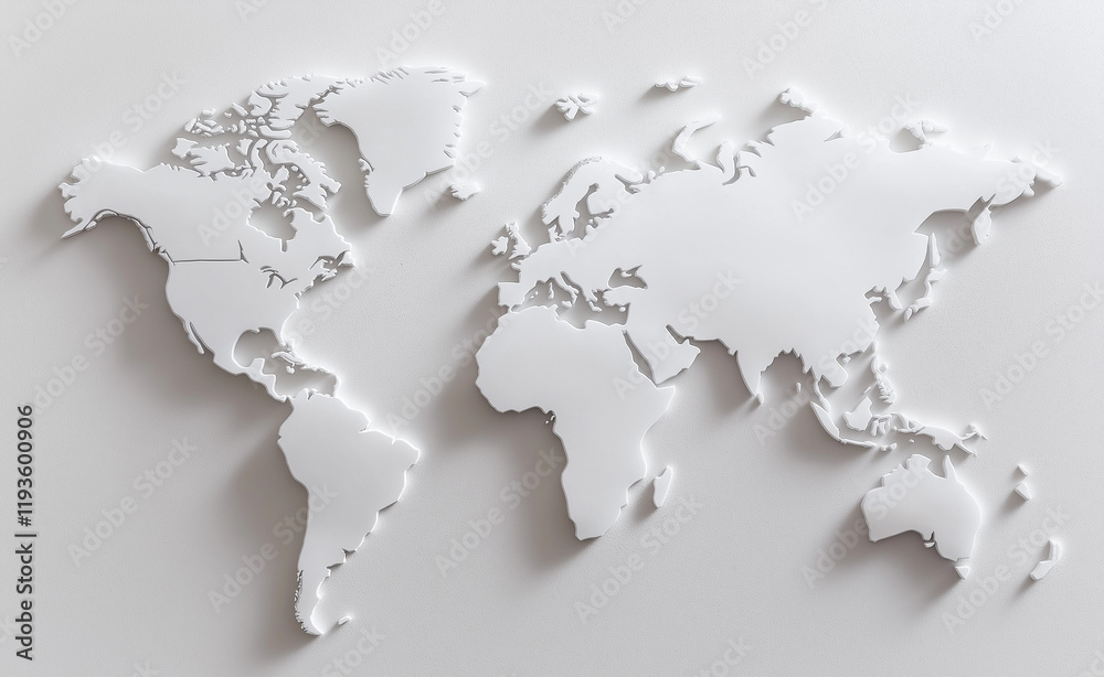Minimalistic white 3D map of the world on a plain surface, highlighting ...