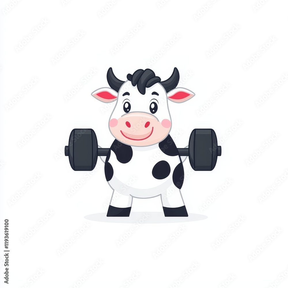 A charming cow character mascot, depicted as a cartoon, is lifting a ...