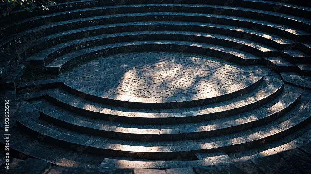 Circular stone amphitheater with concentric steps, sunlit center. Stock ...