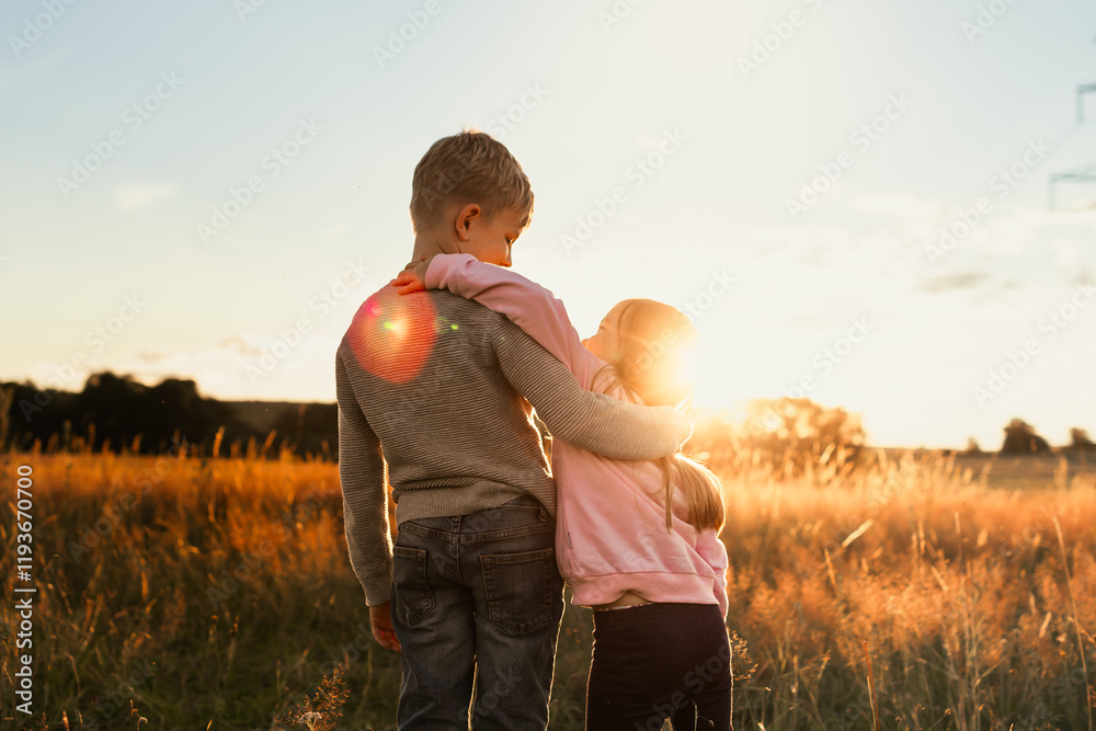 little brother, sister, boy girl hugging in the park at sunset showing ...