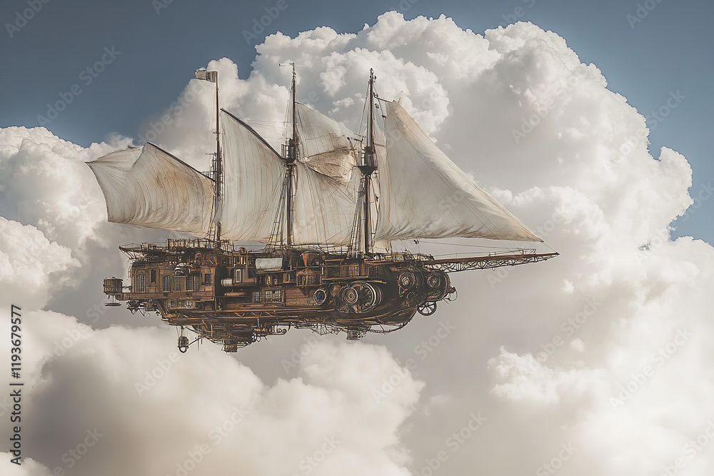 The image depicts a steampunk-style airship with sails and mechanical ...