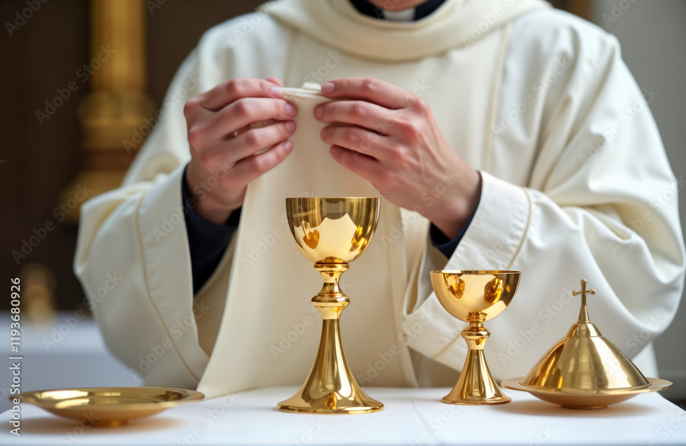 Christian priest prepares sacred items for consecration liturgy in ...