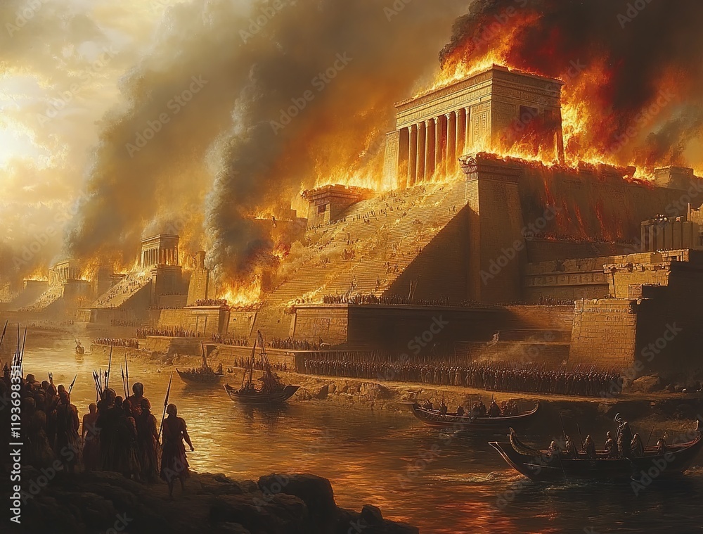 A dramatic painting depicting the fall and destruction of Babylon, with ...