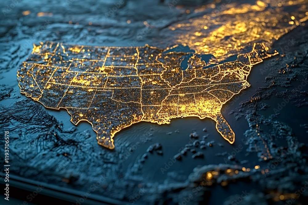 Glowing map of the united states highlighting major cities and ...