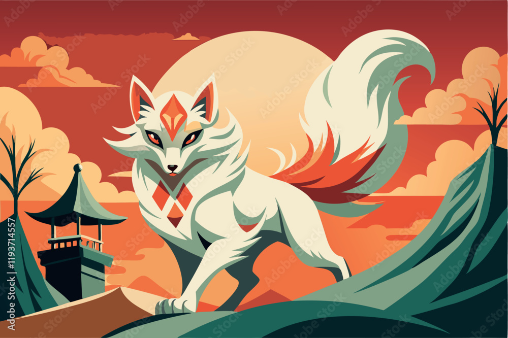 Kumiho the nine-tailed fox mythical creature Korean folklore in front ...