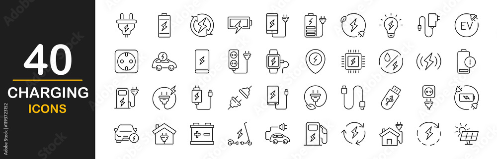 Charging icon set. Containing charge, battery, electric socket, energy ...
