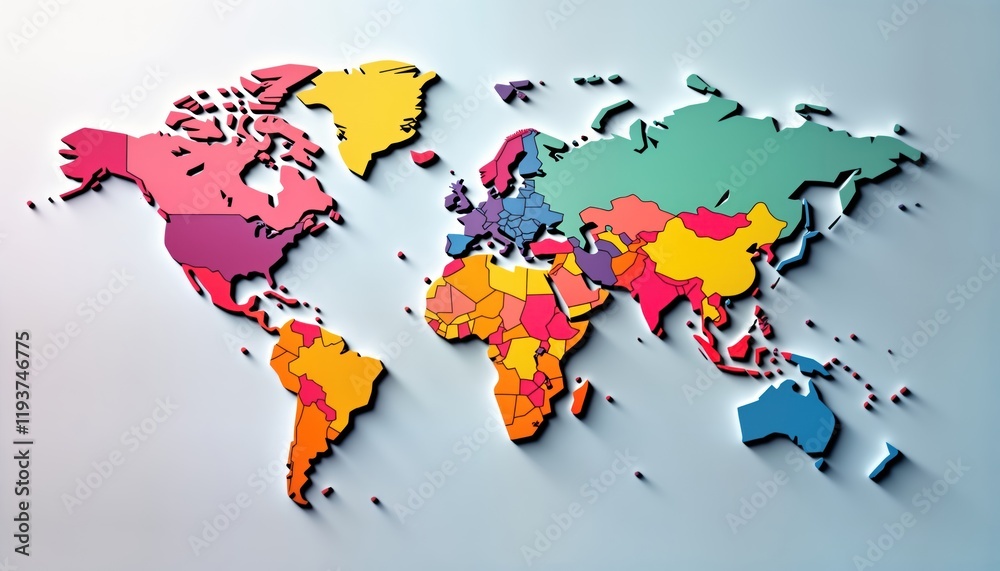 Colorful world map illustration shows continents, countries in ...