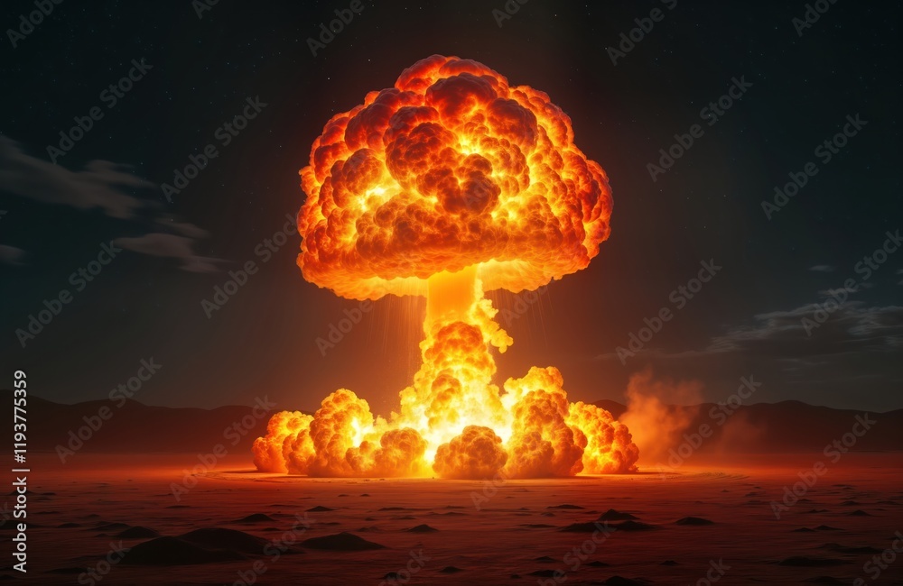 Massive nuclear explosion in desert landscape. Huge mushroom cloud of fire, smoke rises into ...