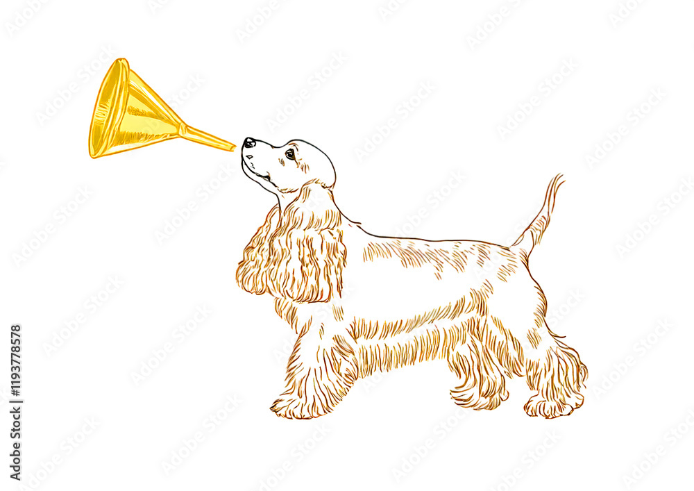 Brown dog cocker spaniel with megaphone. Image of humorous dog calling ...