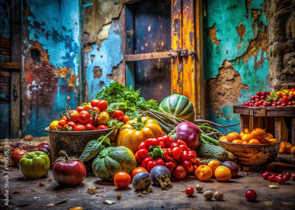 Urban Decay Still Life: Vibrant Fruits & Vegetables in Abandoned ...