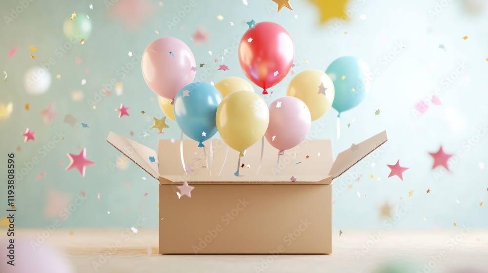 Colorful balloons popping from a gift box. Stock Illustration | Adobe Stock