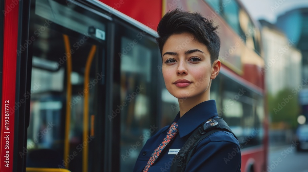 Confident female bus driver in uniform posing next to a double-decker ...