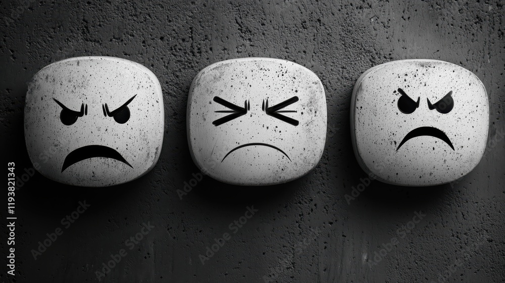 Three white emojis with angry expressions displayed on a dark concrete ...