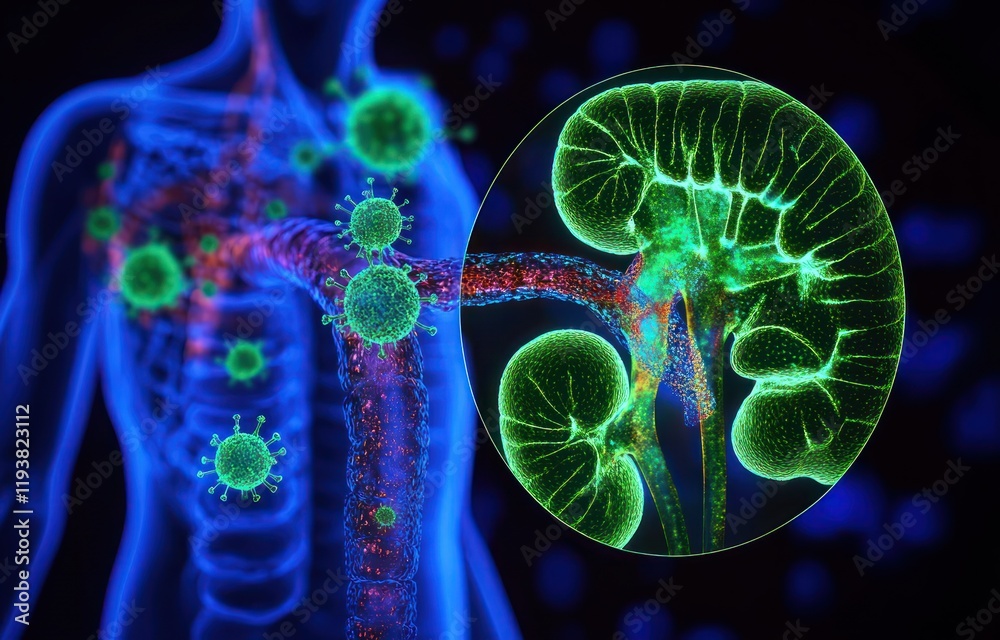 Human Urinary System Anatomy with E Coli Bacteria in Kidney Bladder and ...