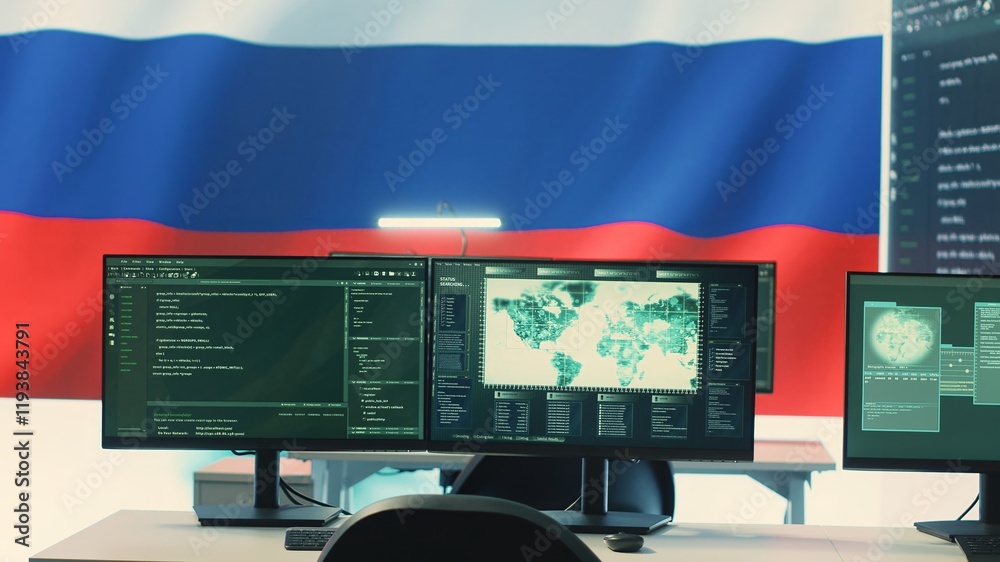 ภาพถ่าย Stock Governmental surveillance room showing a russian flag on ...