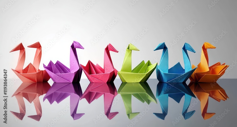 Fotografie Novice Paper Boat Amidst Complex Origami Swans as a Symbol ...