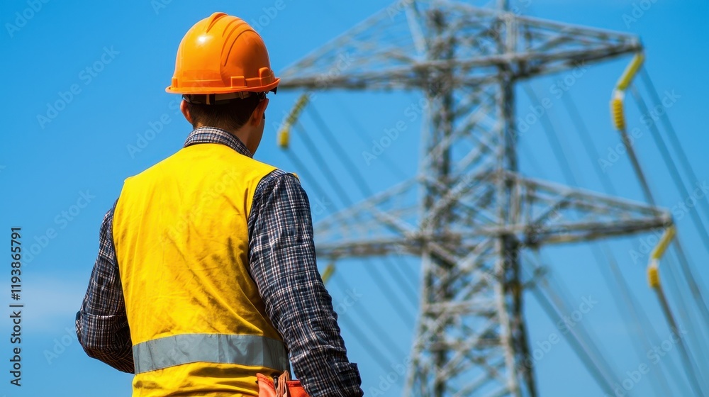 Power line safety inspection urban area construction activity clear sky ...